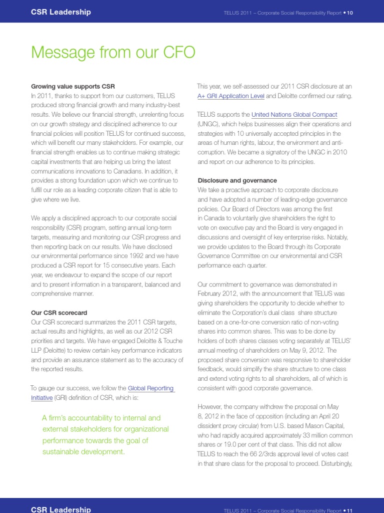 Telus CSR Report 2011 en | PDF | Corporate Social Responsibility ...