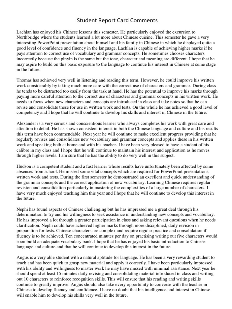 Sample Report Card Comments | PDF | Vocabulary | China