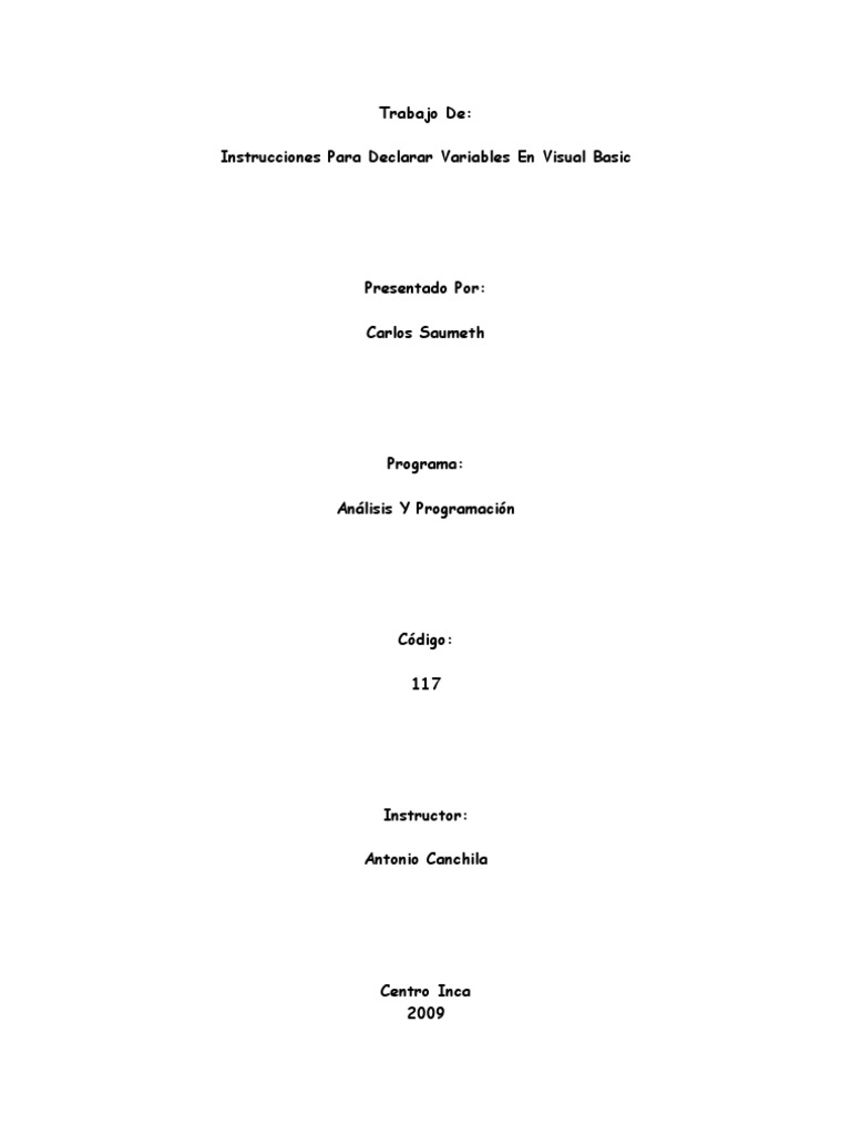 Instrucciones para Declarar Variables en Visual Basic | PDF | Básico ...
