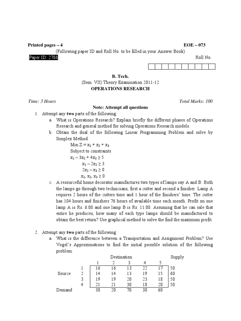 Operations Research Question Paper | PDF | Matrix (Mathematics ...