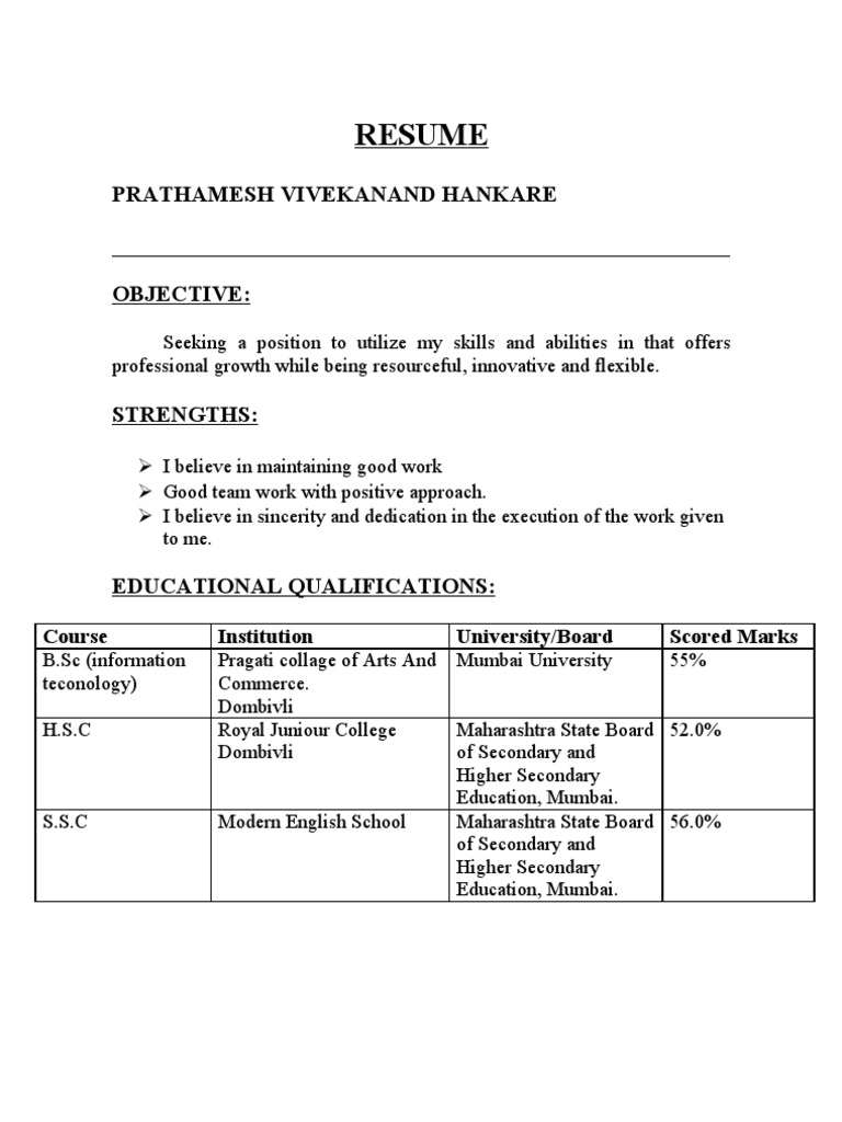 Prathamesh Hankare BSC IT Fresher Resume | PDF | Career & Growth | Business