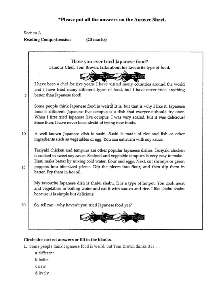 Japanese Food Reading Comprehension Quiz | PDF