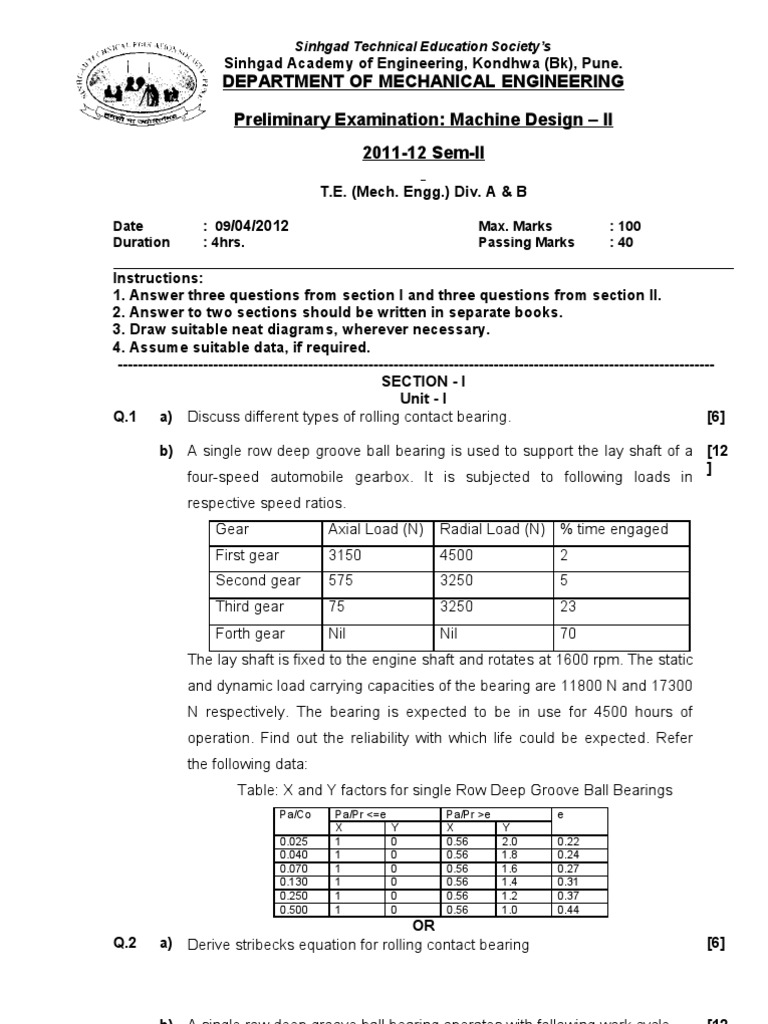 Machine Design II Exam Paper 2011-12 | PDF | Strength Of Materials | Gear