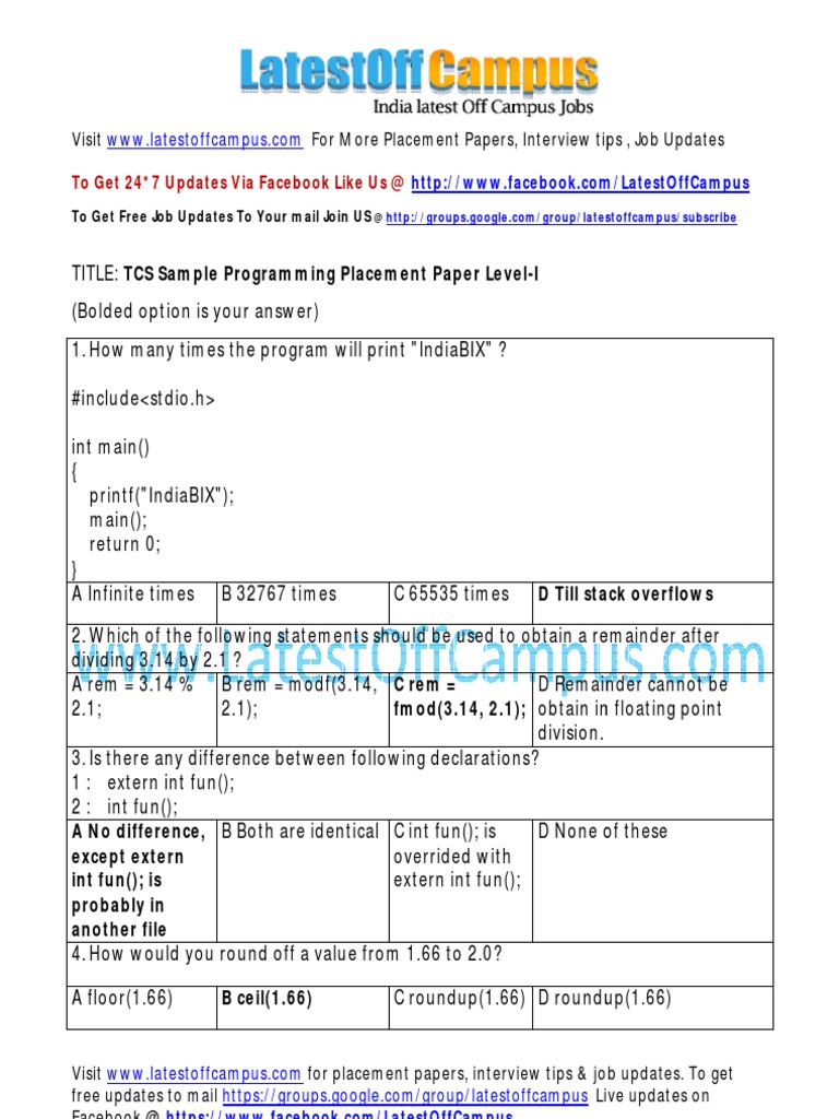 Tcs Programming Placement Paper Pdf C Programming Language Constructor Object Oriented