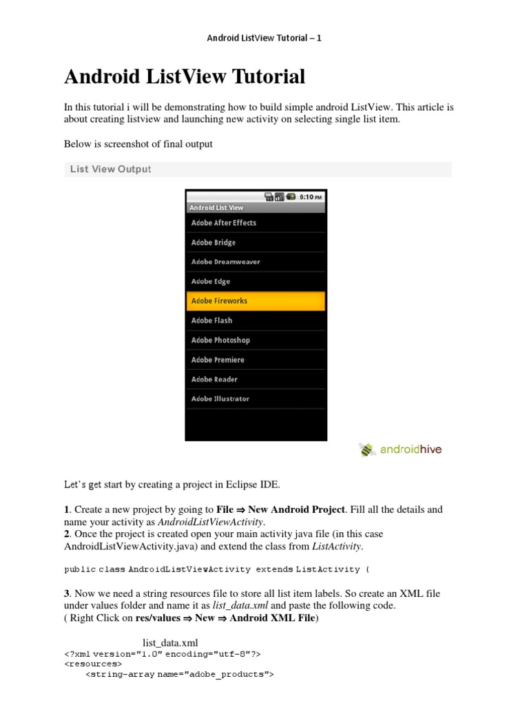 Android Listview Tutorial Download Free Pdf Android Operating System Java Programming