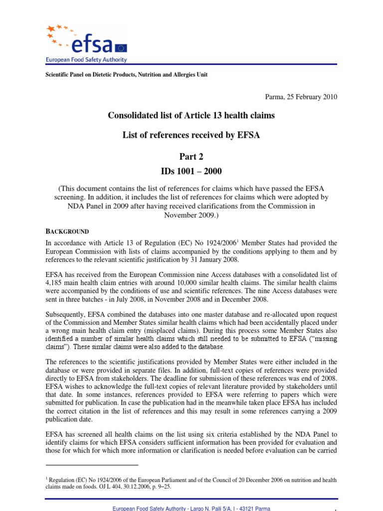 EFSA Evaluation of Article 13 Claims List of References Part 2 | PDF ...