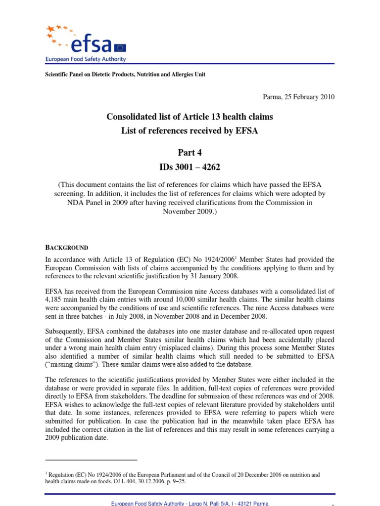 EFSA Evaluation of Article 13 Claims List of References Part 4 | PDF ...