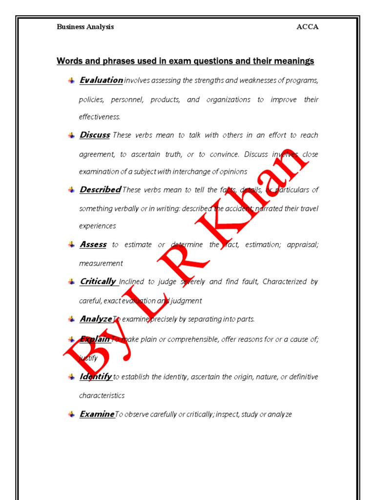 Evaluation: Words and Phrases Used in Exam Questions and Their Meanings ...