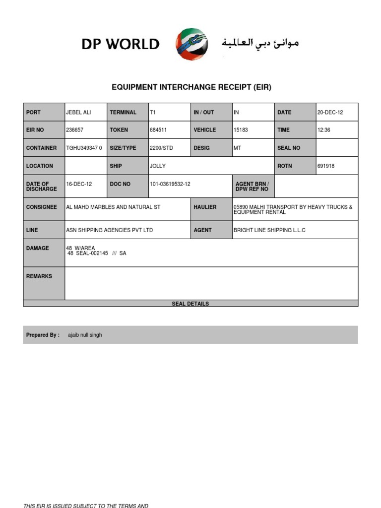 Equipment Interchange Receipt (Eir) : Port Terminal in / Out Date | PDF ...