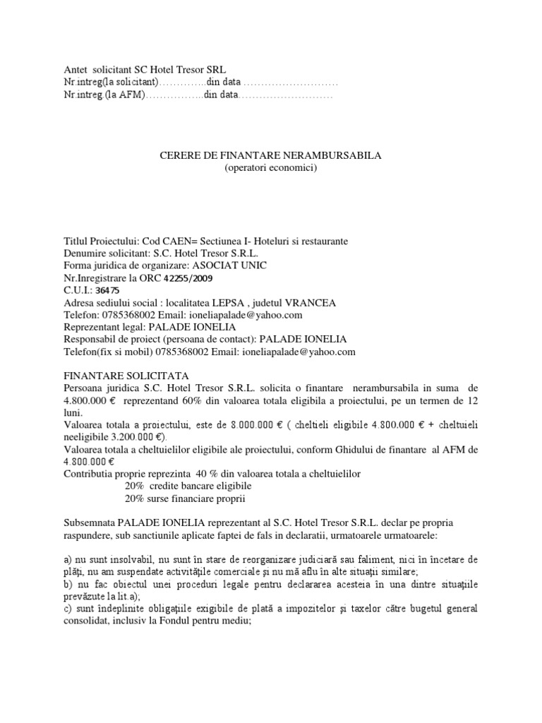 Cerere de finantare proiect