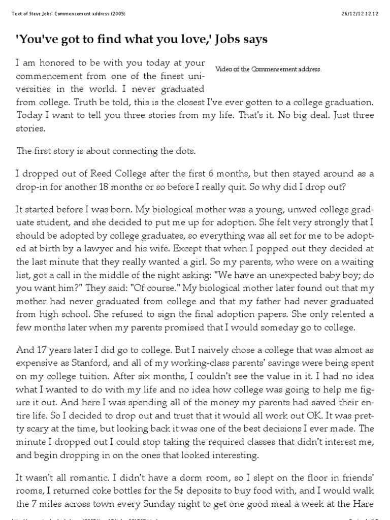 Text of Steve Jobs' Commencement Address | PDF | Pancreatic Cancer ...
