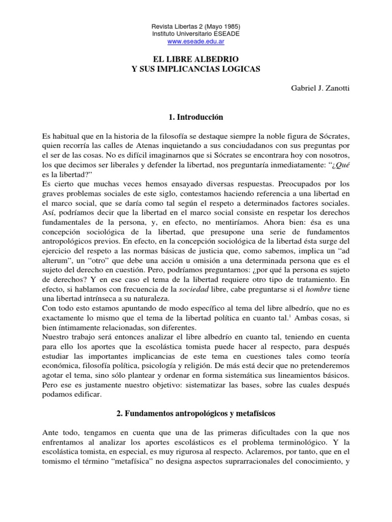 EL LIBRE ALBEDRIO Y SUS IMPLICANCIAS LOGICAS | Libertad | Libre albedrío