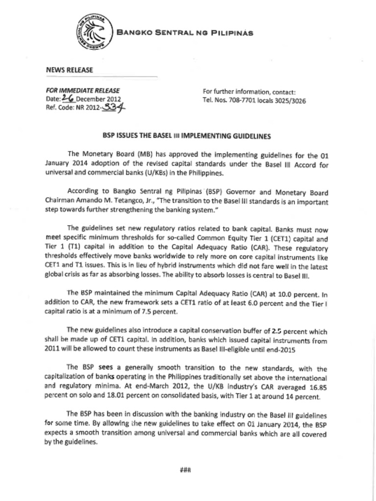 BSP Issues The BASEL III Implementing Guidelines | PDF | Language Arts ...