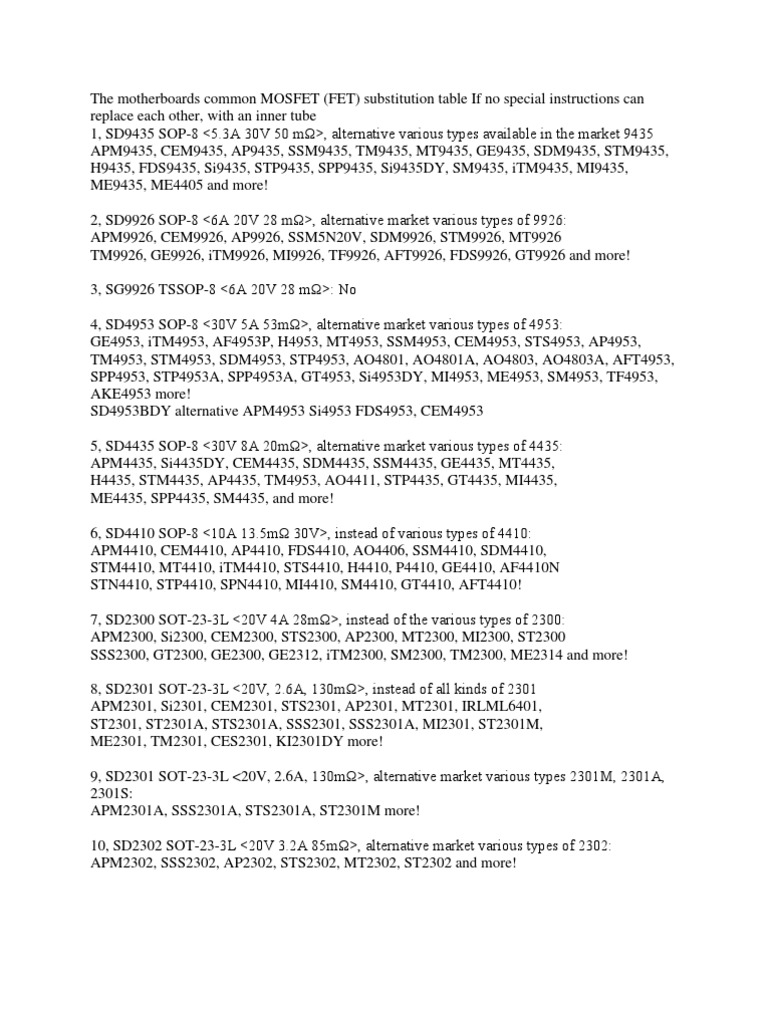 Motherboard The Common MOSFET (FET) Substitution Table | PDF | Field Effect Transistor ...