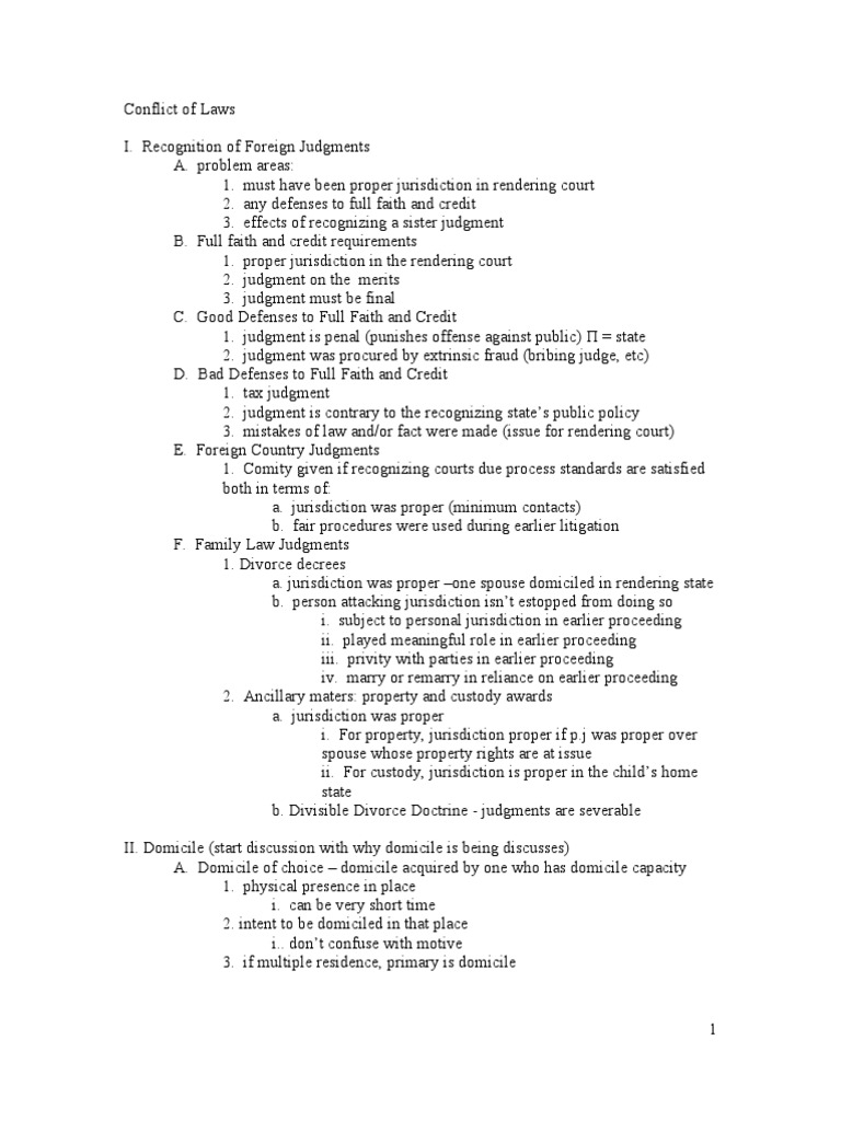 Conflict of Laws Outline: Recognition of Foreign Judgments, Choice of ...