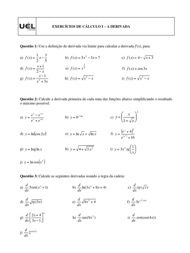 Exercícios de Cálculo I - A Derivada | Derivado | Velocidade
