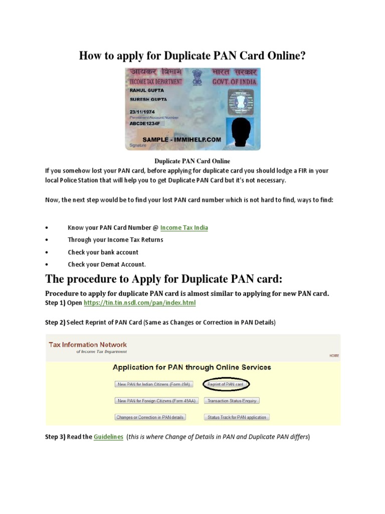 How To Obtain Duplicate Pan | PDF