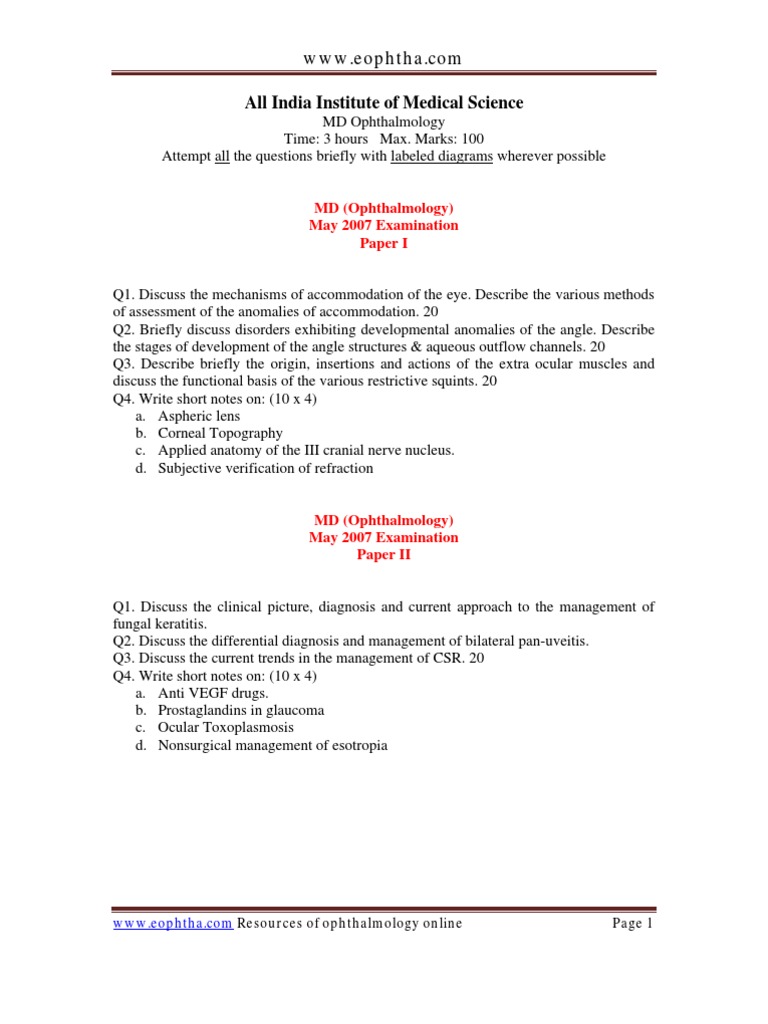 AIIMS Question Paper | PDF | Ophthalmology | Visual Impairment