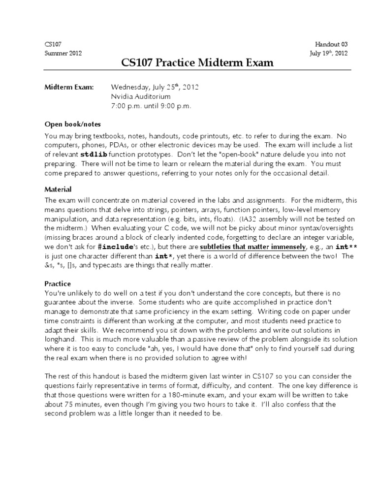 03 CS107 Practice Midterm | PDF | String (Computer Science) | Array Data Structure