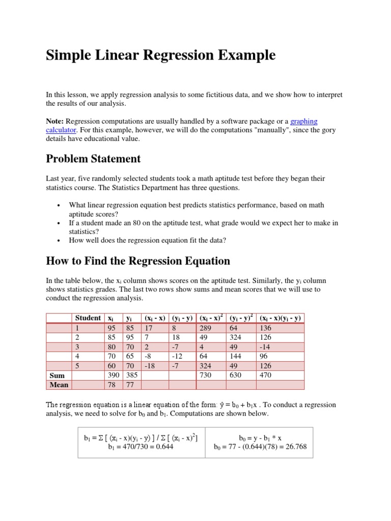 Calculations of Regression Equation | PDF | Regression Analysis ...