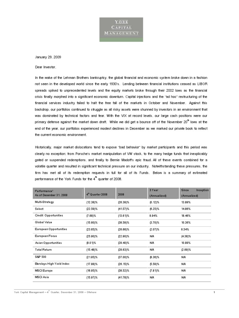 York Capital Q4 2008 Performance Review | PDF | Hedge Fund | Market ...
