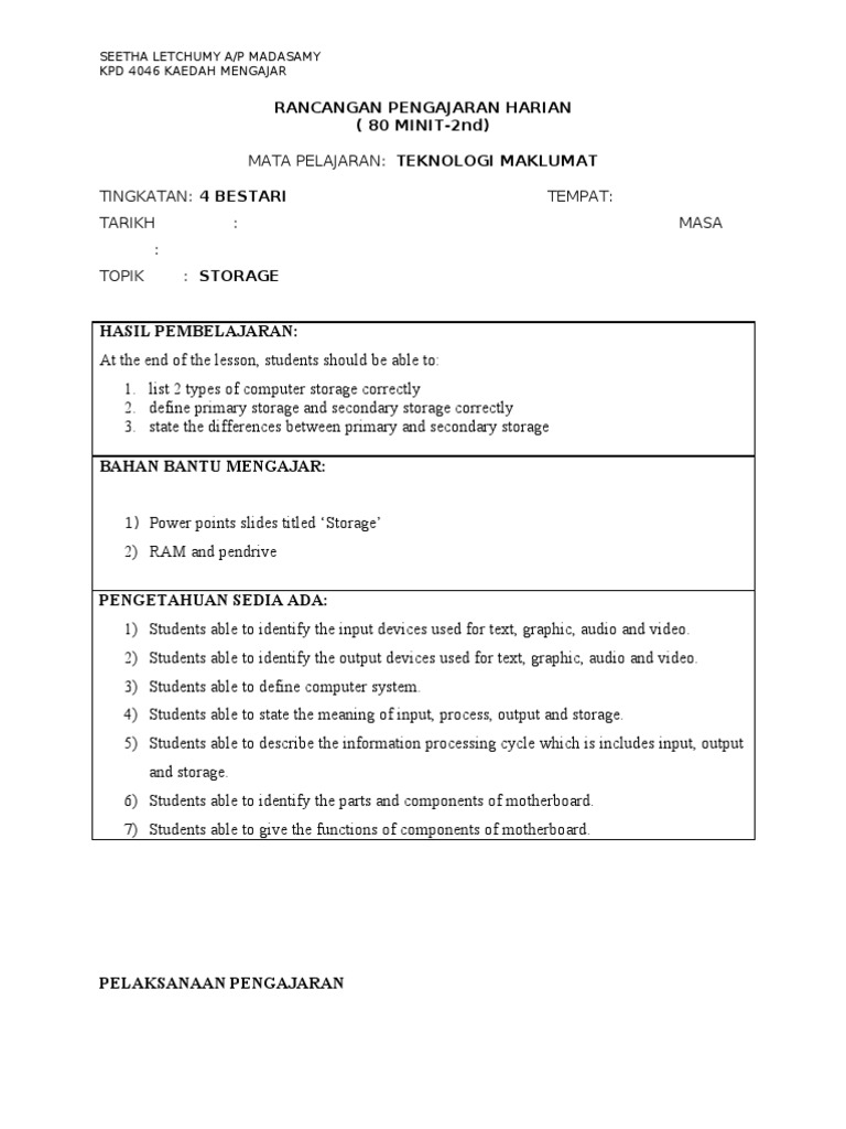 (2) Daily Lesson Plan | Computer Data Storage | Input/Output