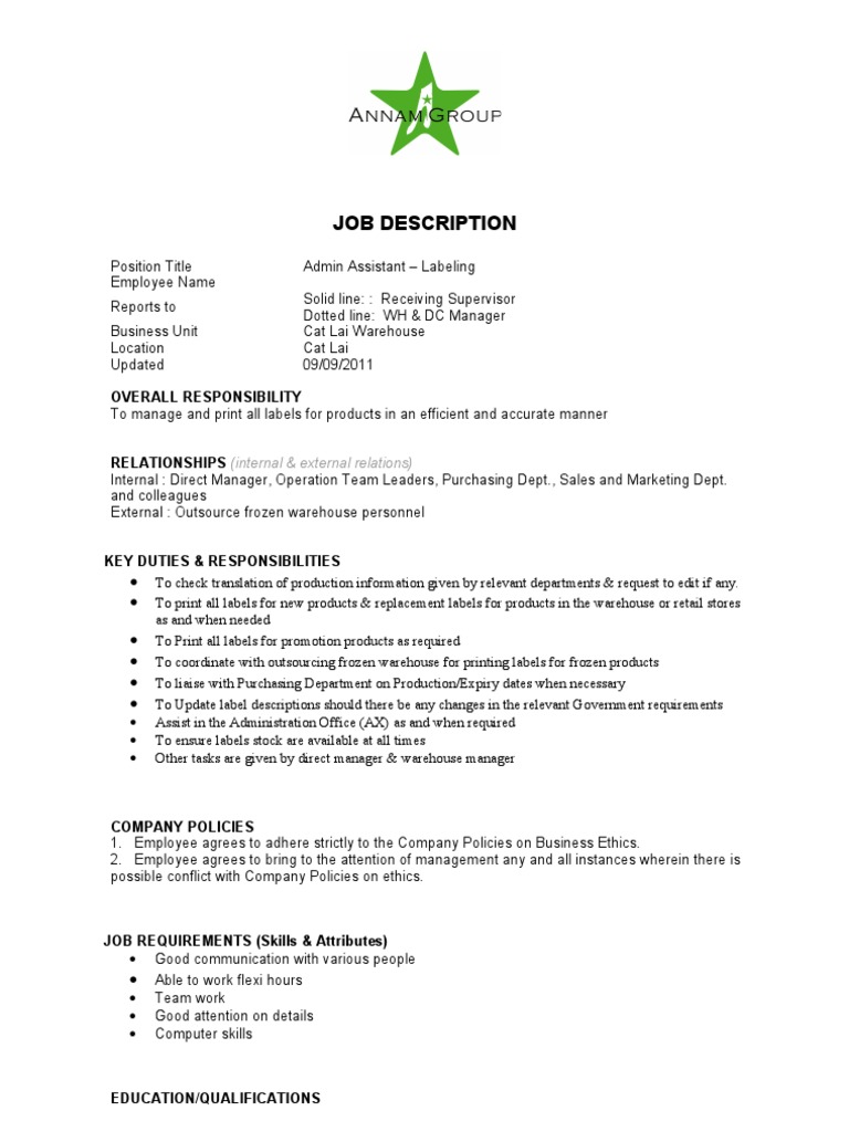 Admin Assistant Label JD-111014 | PDF | Warehouse | Employment