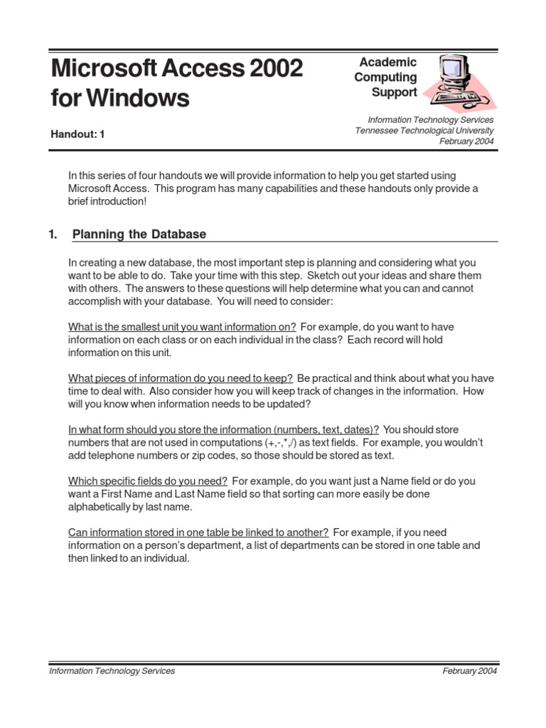 Microsoft Access 2002 Handouts | PDF | Microsoft Access | Databases