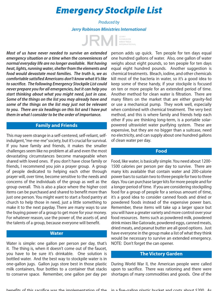 Emergency Stockpile List | PDF | Tent | Foods