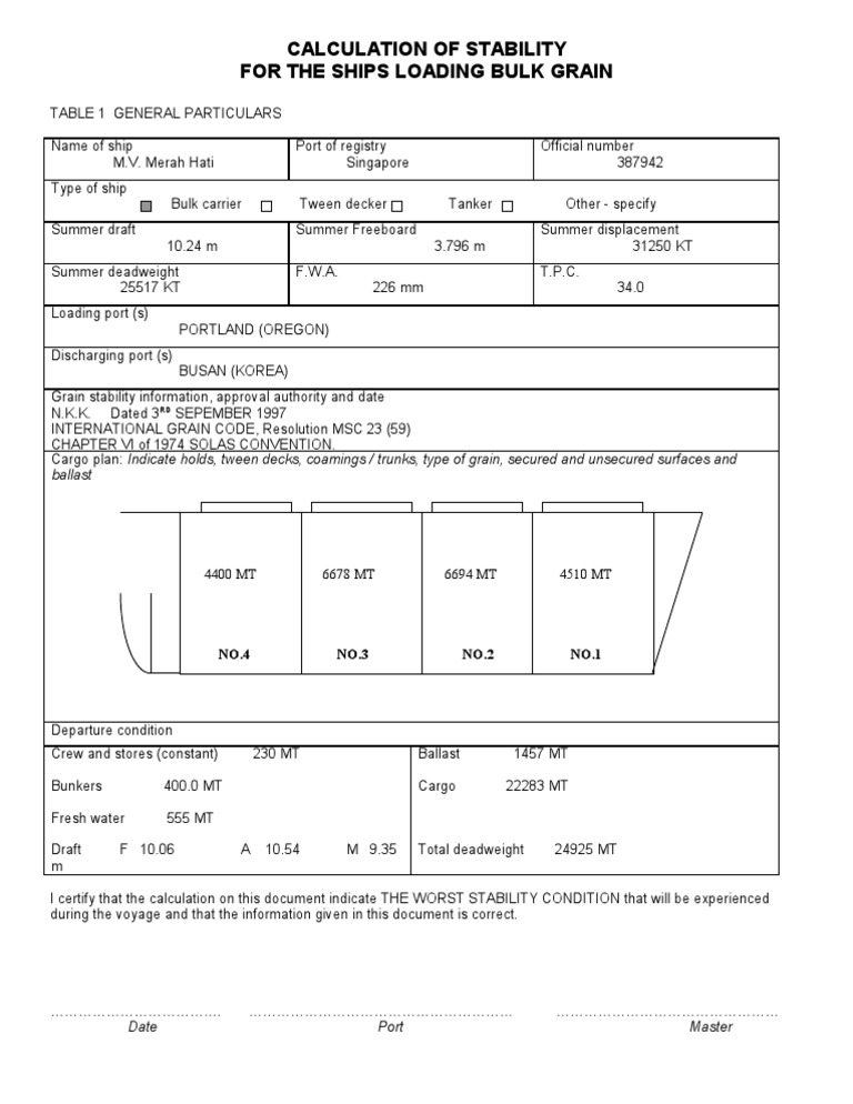 Ship Stability Calculation for Bulk Grain | PDF | Science & Mathematics