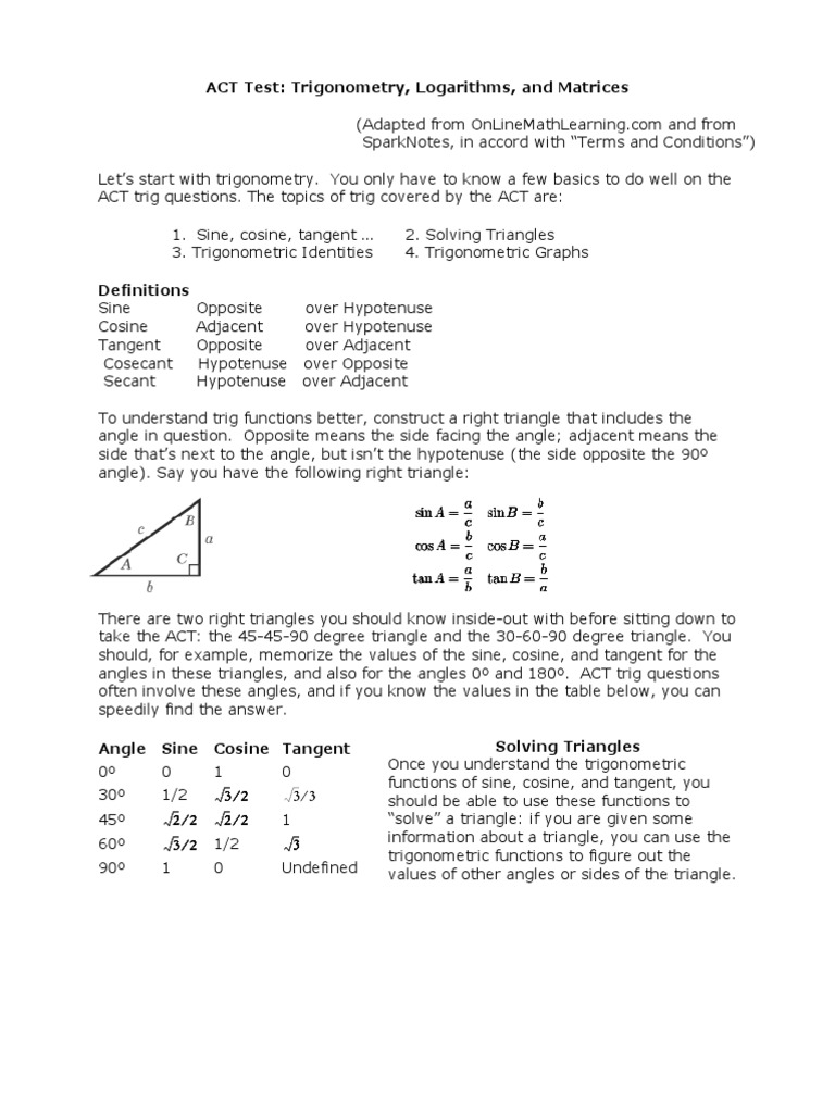 ACT Test: Trigonometry, Logarithms, and Matrices | PDF | Trigonometric ...