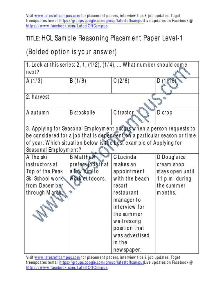 HCL Level-1 Reasoning Placement Paper | PDF | Labour | Business