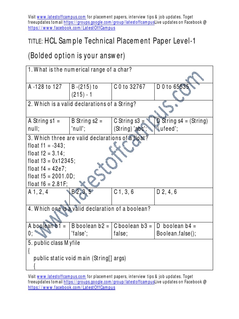 HCL Technical Placement Paper Questions | PDF | Constructor (Object ...