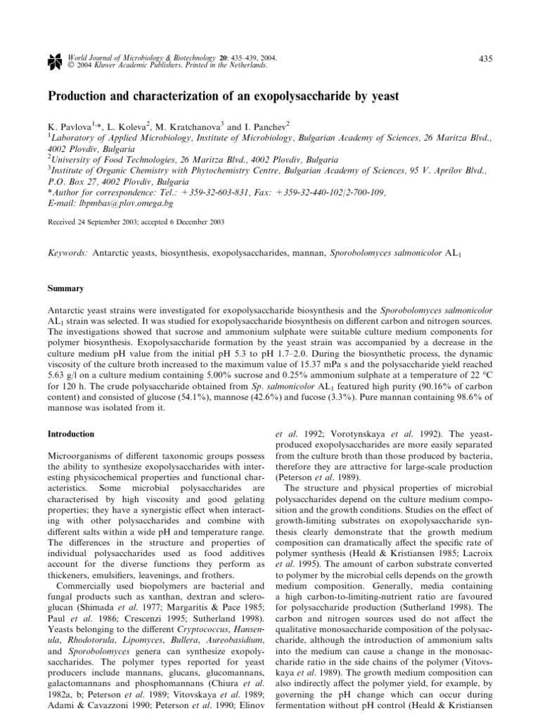 2004 Production & Characterization of An Exopolysaccharide by Yeast ...