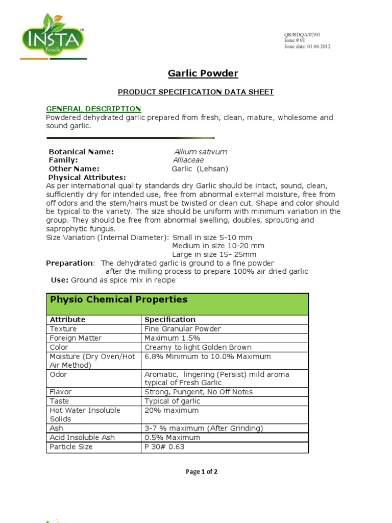 Garlic Powder: Product Specification Data Sheet | PDF