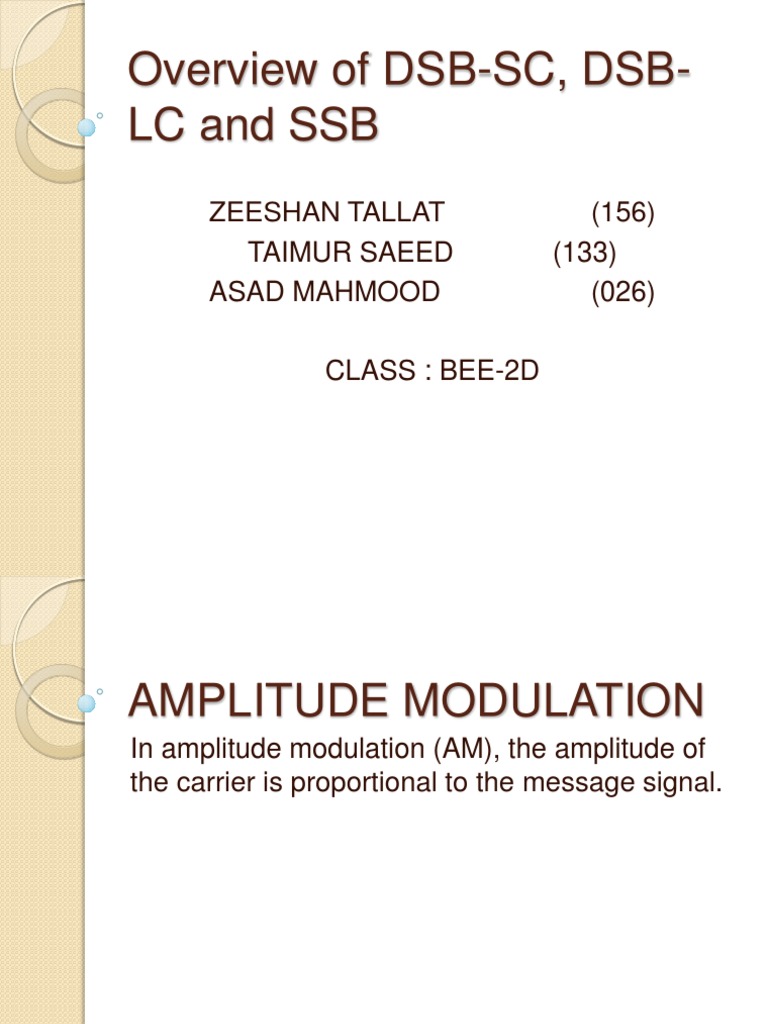 Overview of DSB-SC, DSB-LC and SSB: Zeeshan Tallat (156) Taimur Saeed ...