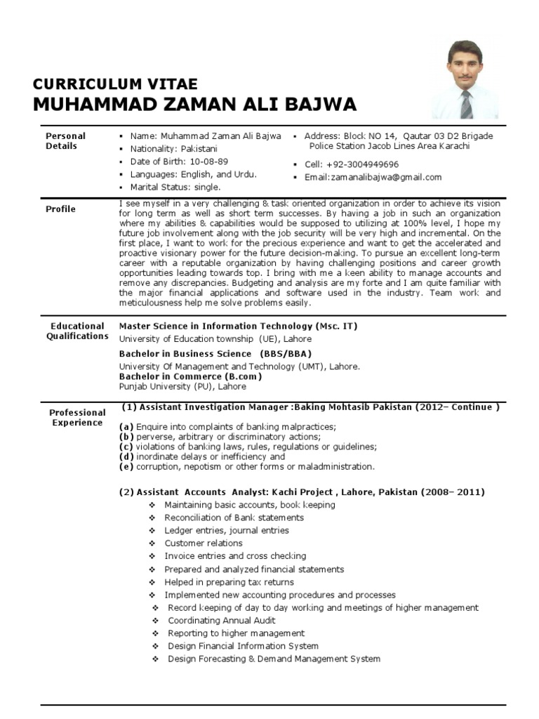 Muhammad Zaman Ali Bajwa: Curriculum Vitae | PDF | Bookkeeping | Business