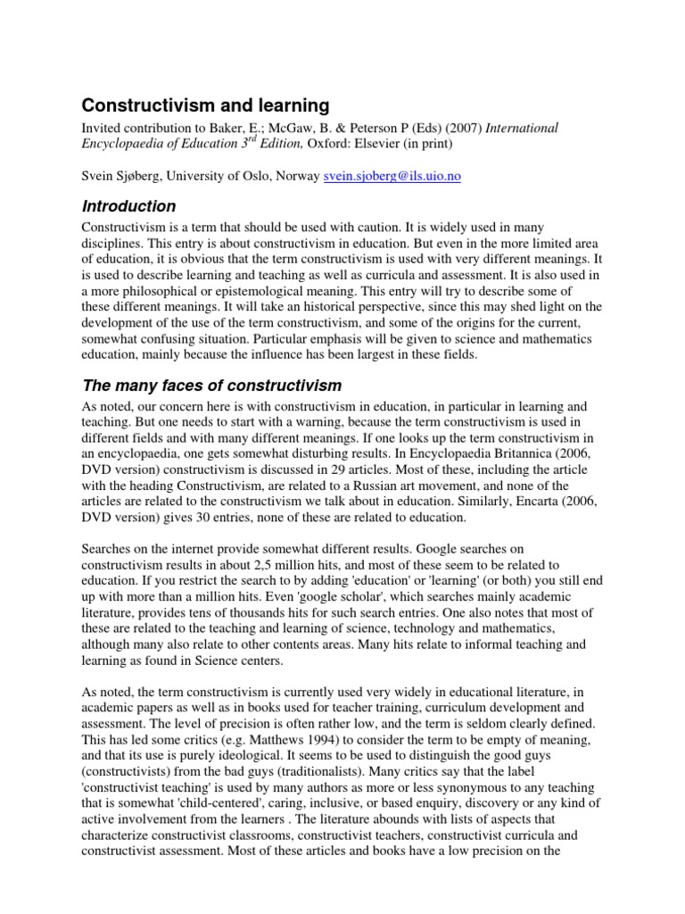 Constructivism and Learning: Encyclopaedia of Education 3 Edition ...