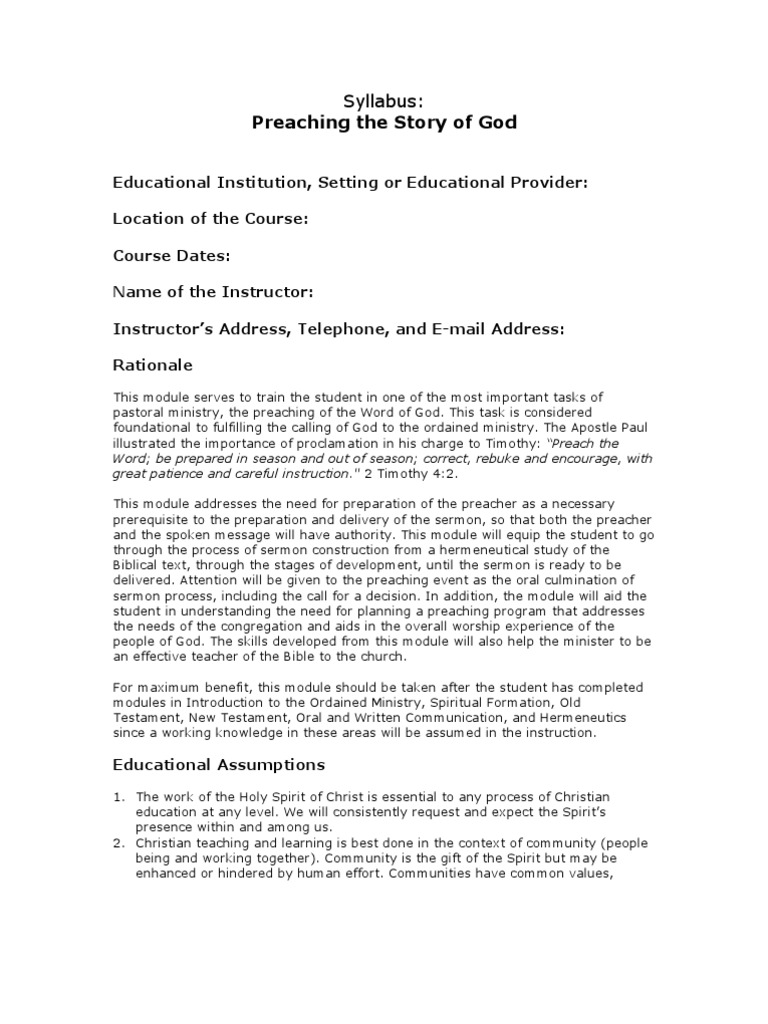 Preaching The Story of God Syllabus | PDF | Homework | Sermon