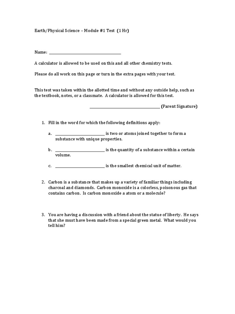 Module 1 Physical Science Test | PDF | Matter | Carbon
