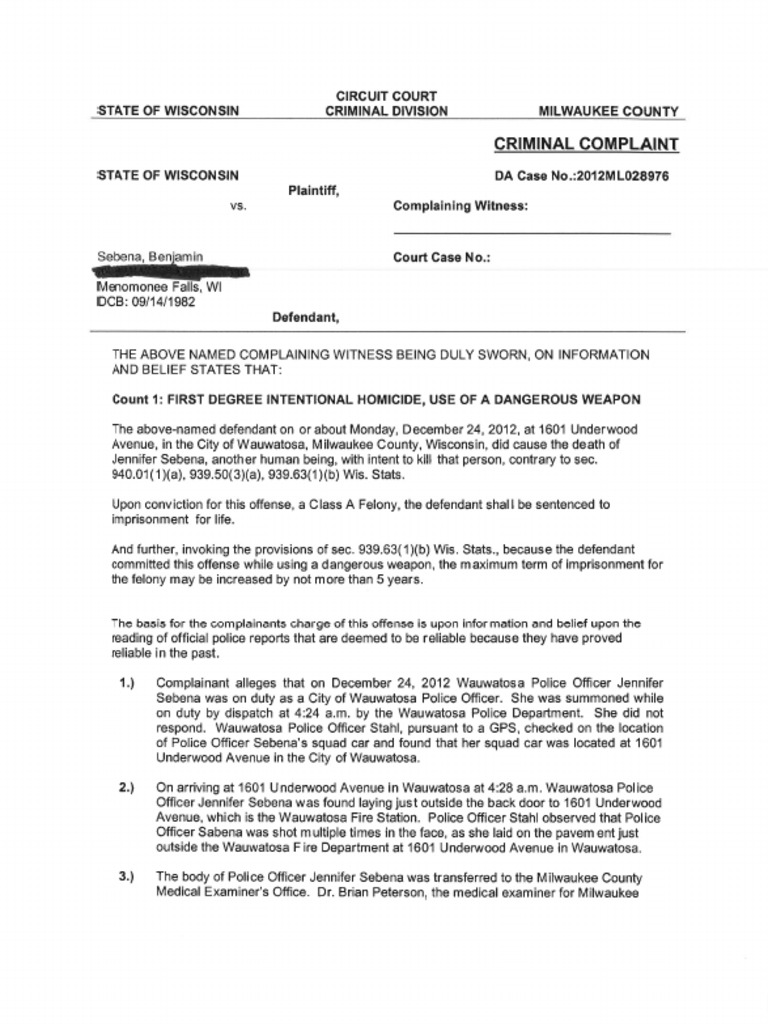 Benjamin Sebena Complaint | PDF | Cartridge (Firearms) | Wisconsin ...