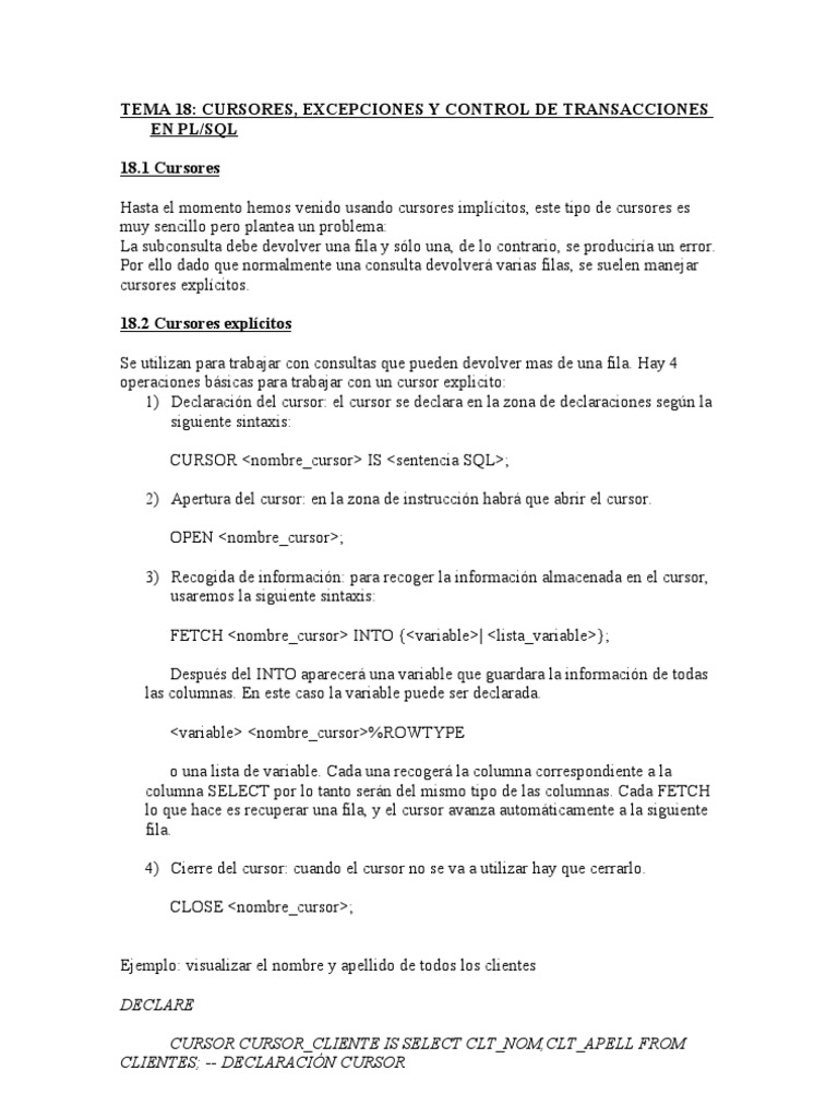 Cursores y Manejo de Excepciones en PL/SQL | PDF | Métodos y materiales de enseñanza | Informática