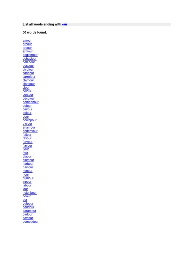Words Ending with "our": Complete List | PDF | Poetry