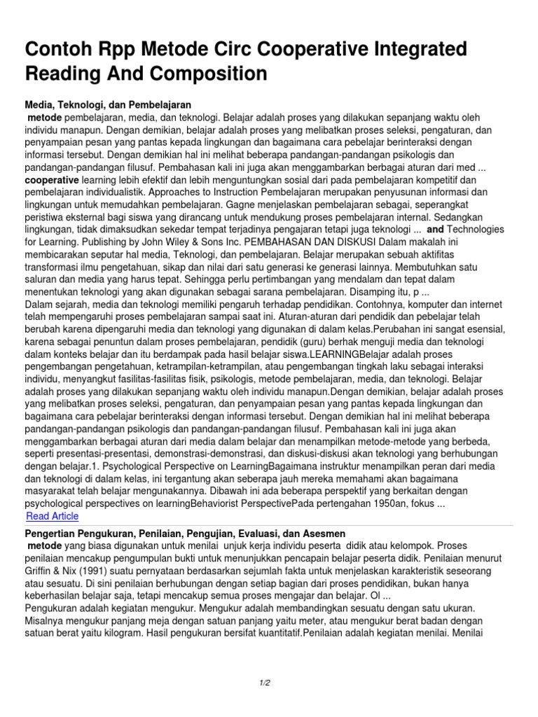 Contoh RPP Metode Circ Cooperative Integrated Reading and Composition | PDF