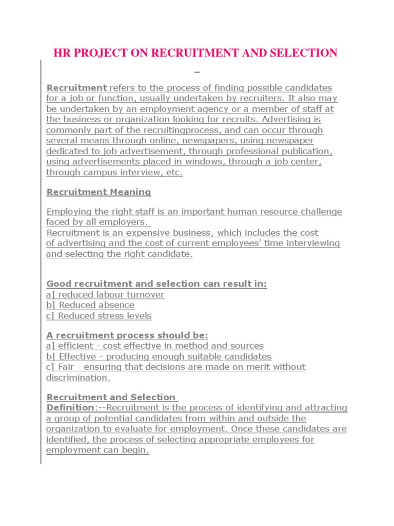HR Project On Recruitment and Selection | PDF | Recruitment | Employment