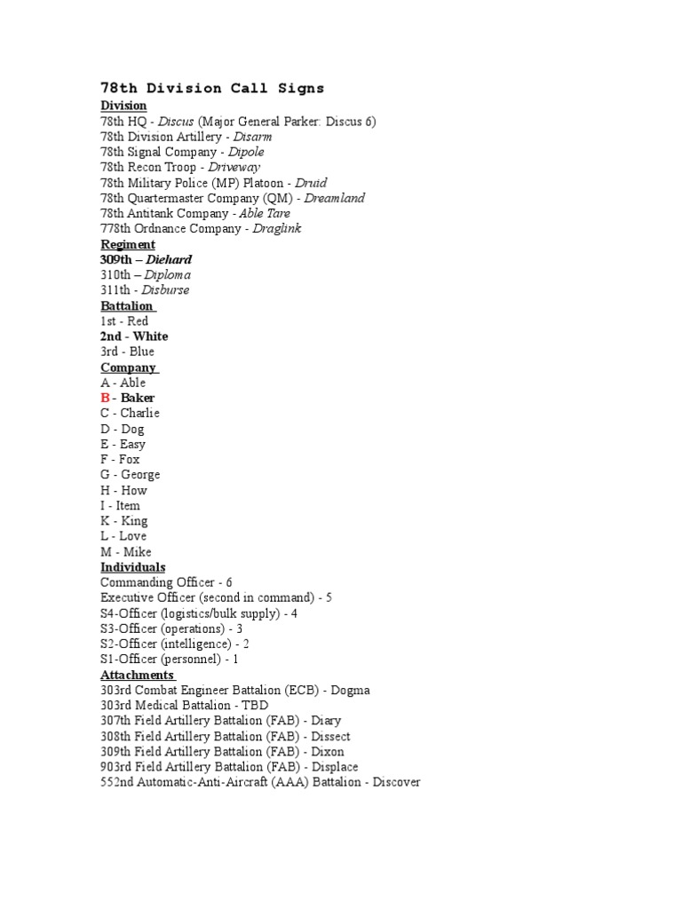 78th Division Call Signs | PDF | Battalion | Corps