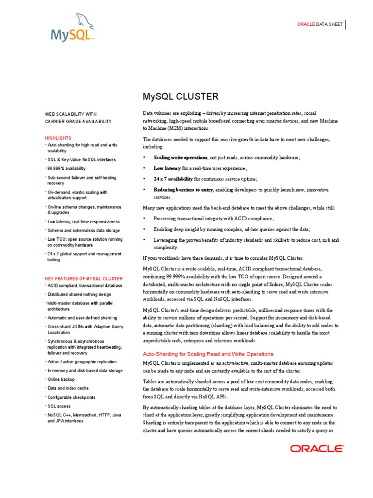 Mysql Cluster Datasheet | PDF | Oracle Database | My Sql