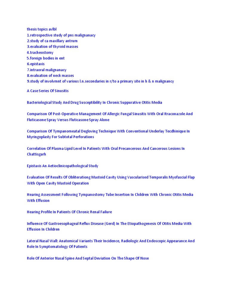 ENT Thesis Topics Overview | PDF | Endoscopy | Otorhinolaryngology