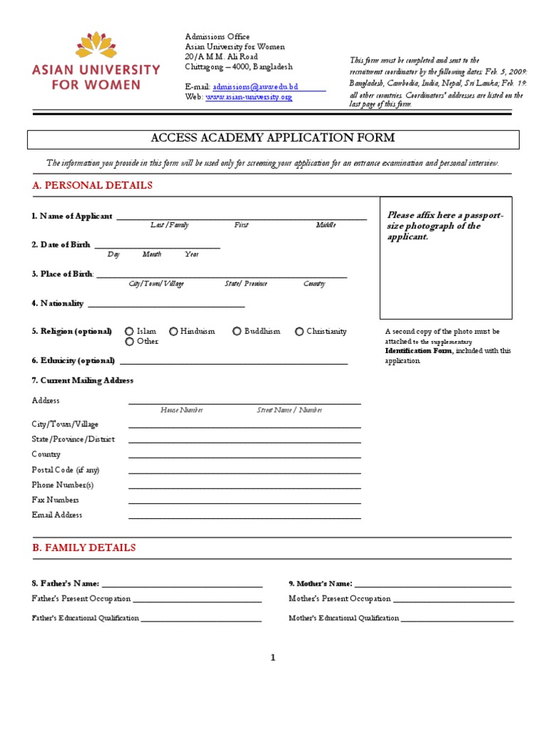 Access Academy Application Form: A. Personal Details | PDF | Address ...