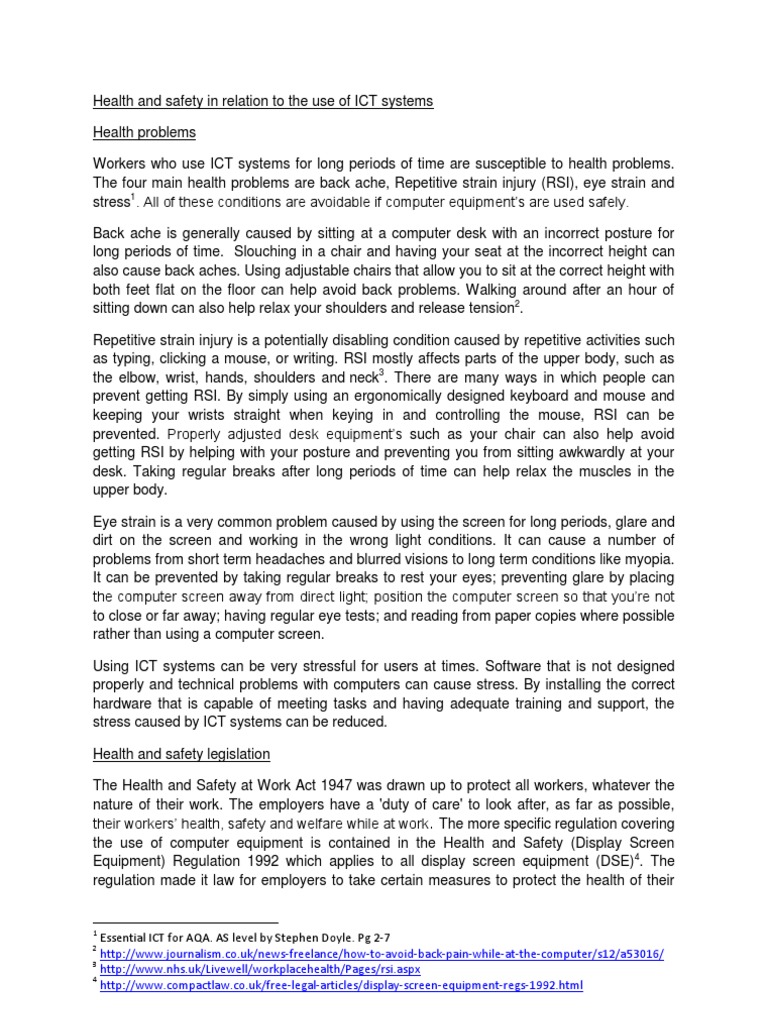 Health and Safety in Relation To The Use of ICT Systems | PDF ...